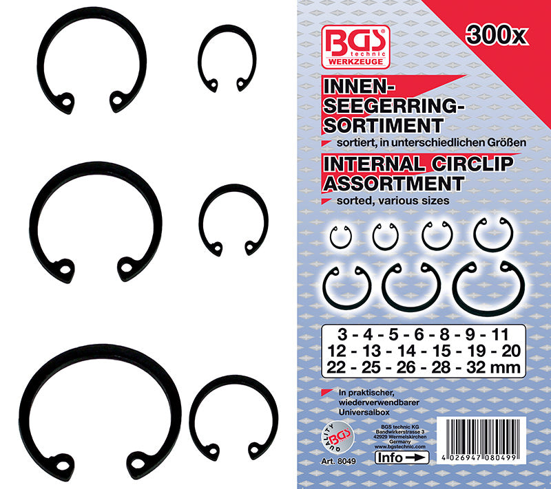 ASSORTIMENTO 300 PEZZI, ANELLI ELASTICI SEEGER INTERNI, 3-32 MM BGS804